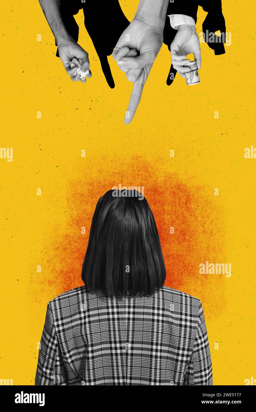 Business collage of jobless lady standing alone when society pointing ...