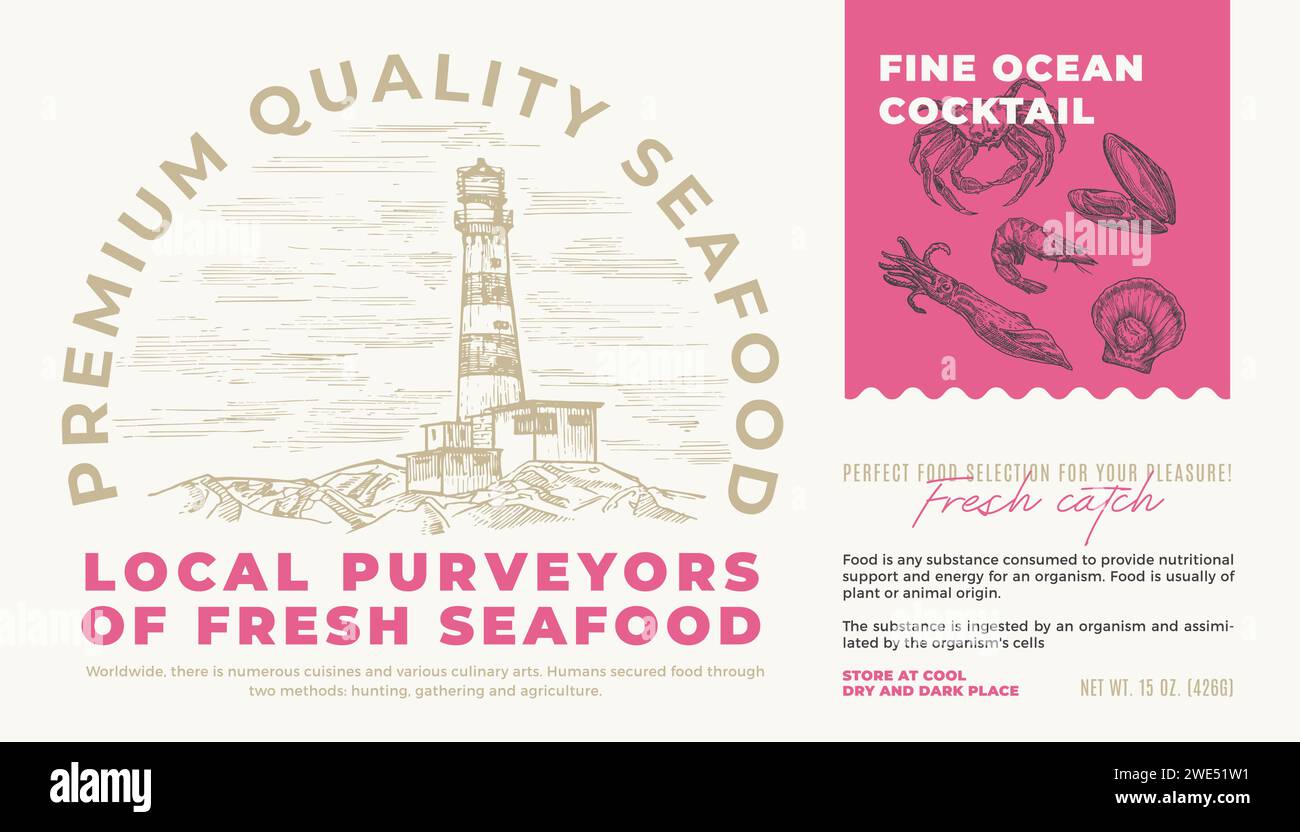 Fine Ocean Seafood Cocktail. Abstract Vector Packaging Design or Label ...
