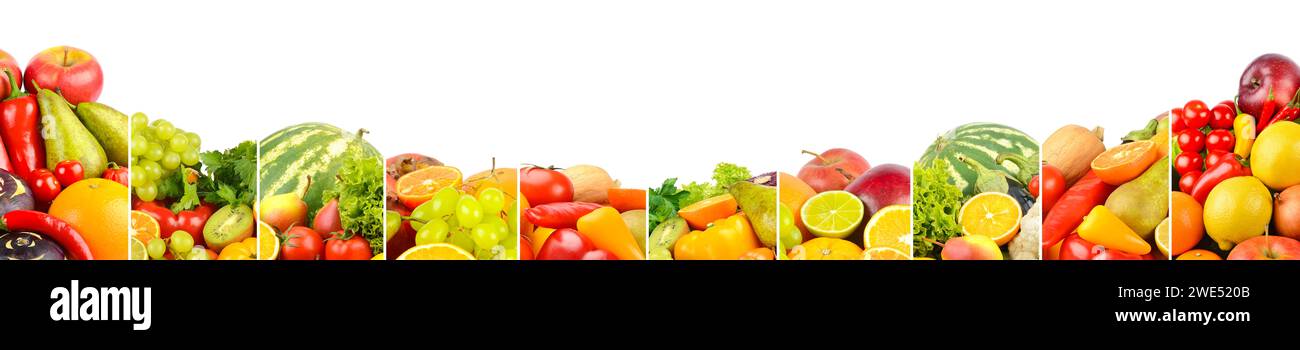 Wide panorama healthy fruits and vegetables separated by vertical lines ...