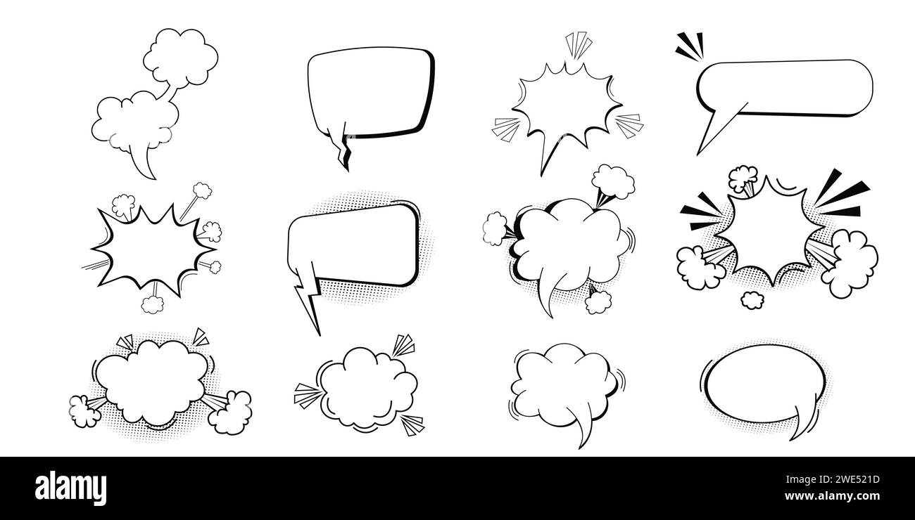 Set pow bubble speech comic expression frame cartoon doodle isolated on ...
