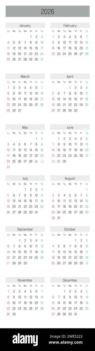 Monthly calendar of year 2026. Week starts on Sunday. Block of months ...