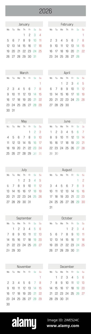 Monthly calendar of year 2026. Week starts on Monday. Block of months ...