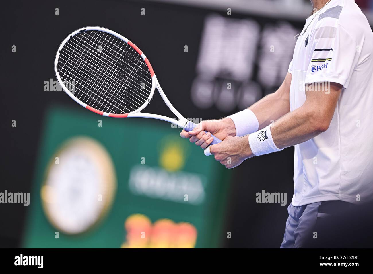 Illustration picture shows the body and racket of a male man player ...