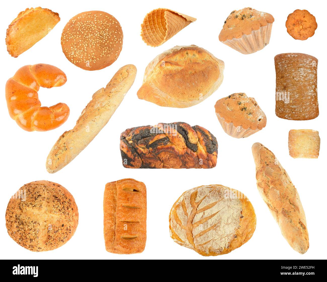 Large set healthy fresh bread products isolated on white background ...