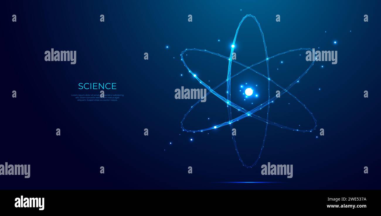 Abstract atom cosmic symbol. Nuclear science concept. Blue background ...