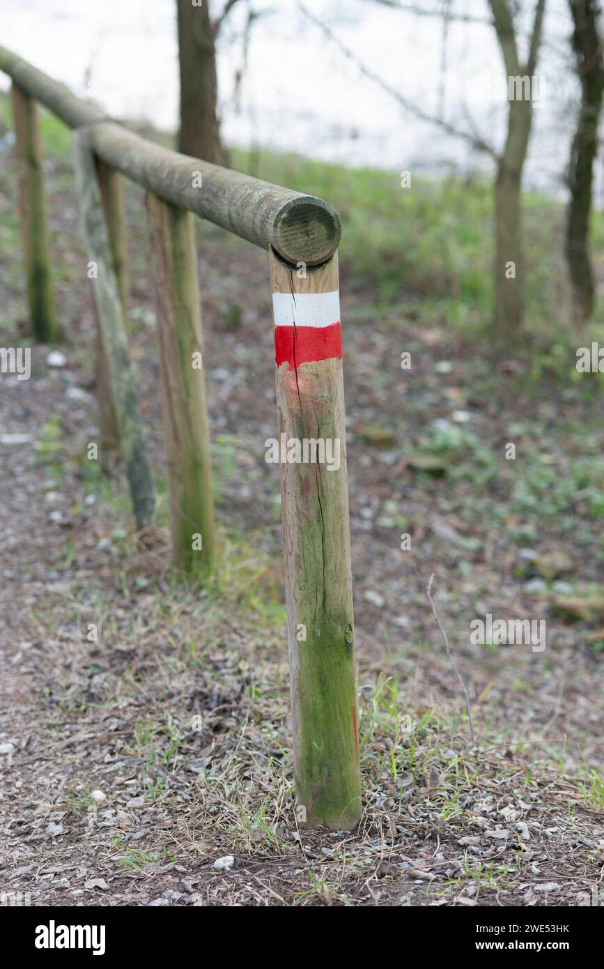 Italy, Lombardy, Crema, Parco del Serio, Red and White Hiking Sign ...