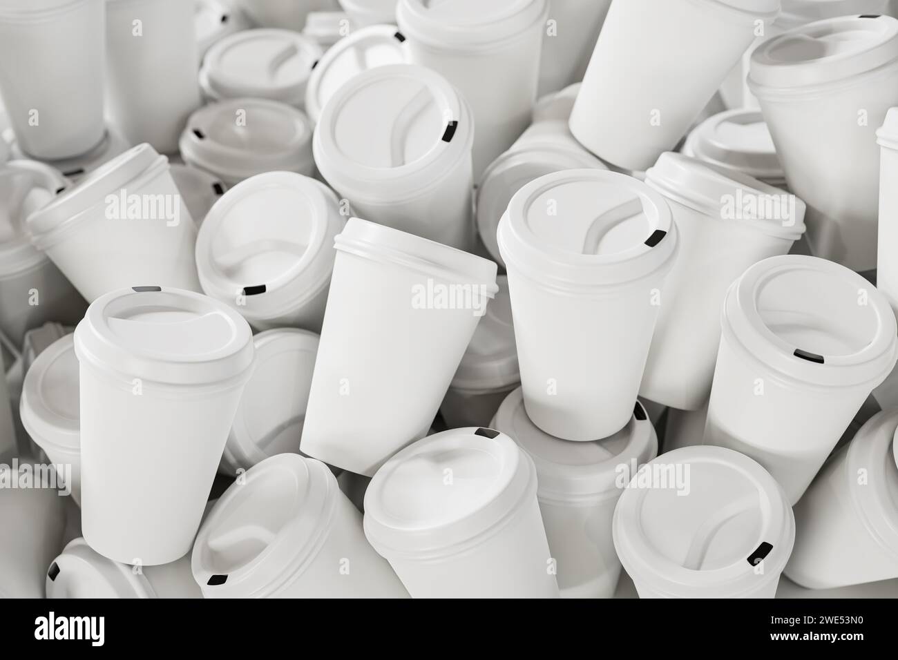A heap of disposable white paper coffee cups with white lid. Abundance ...