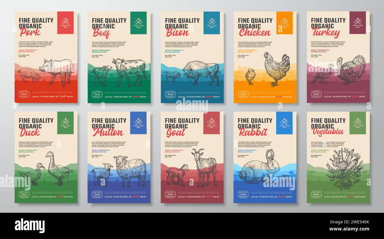 Organic Vector Meat and Vegetables Packaging Food Label Design ...