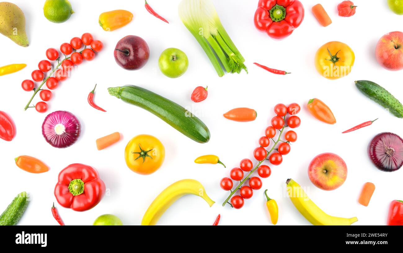 Natural pattern of vegetables and fruits isolated on white background ...