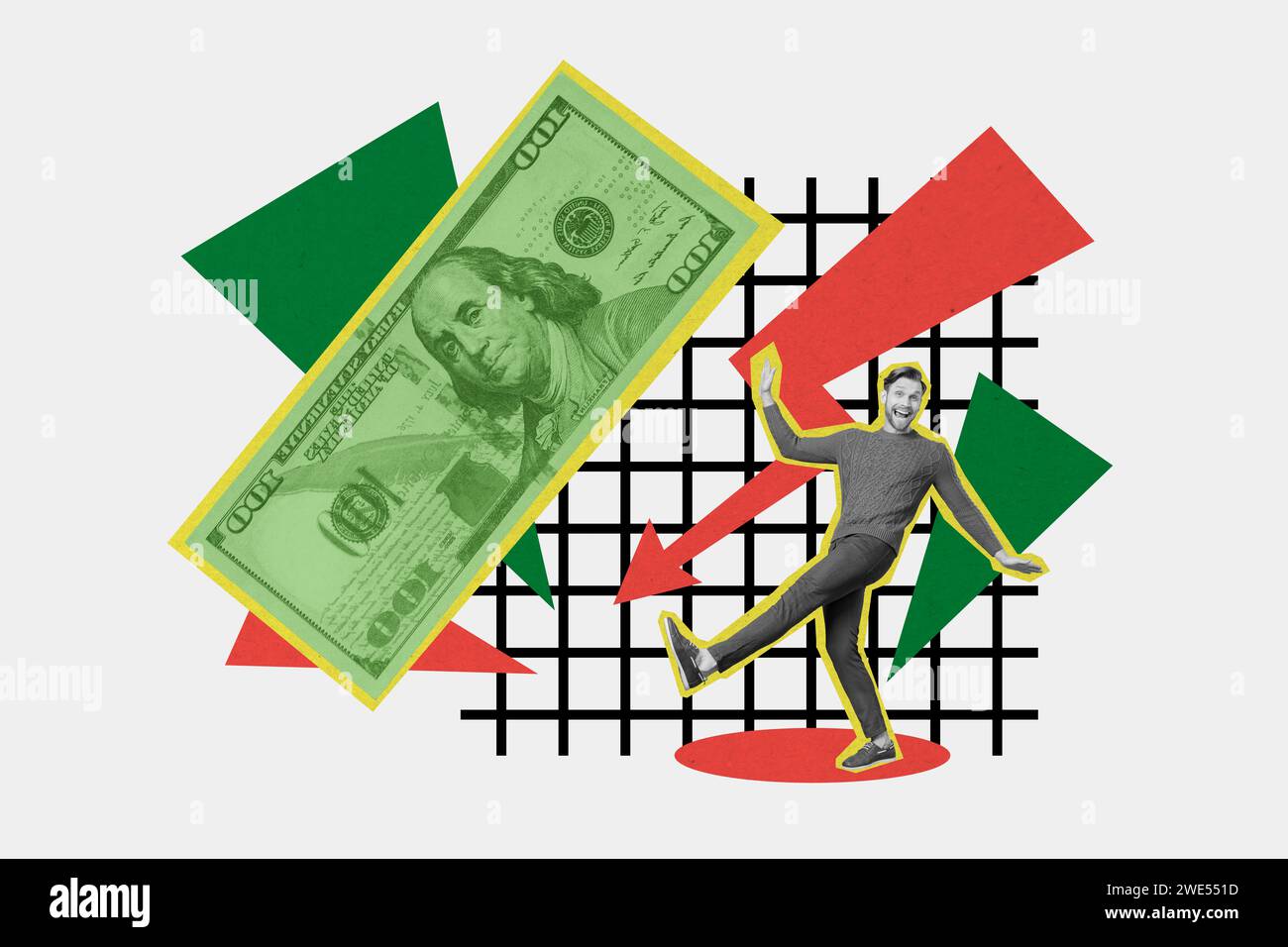 Image picture collage of funky smiling man dancing earning dollars ...