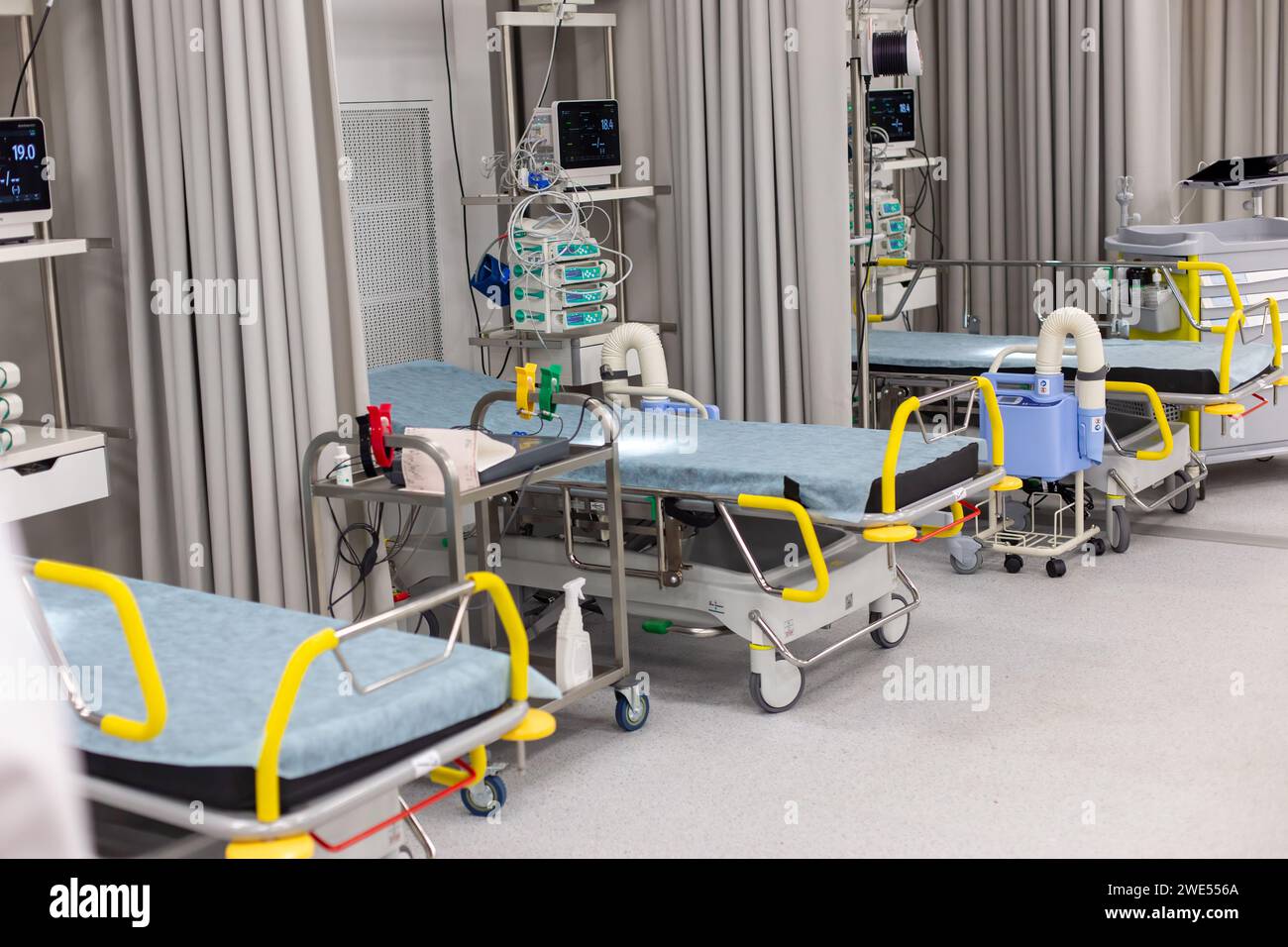 Moscow, Moscow region, Russia - 03.09.2023:Spacious hospital ward with multiple beds, vital ...