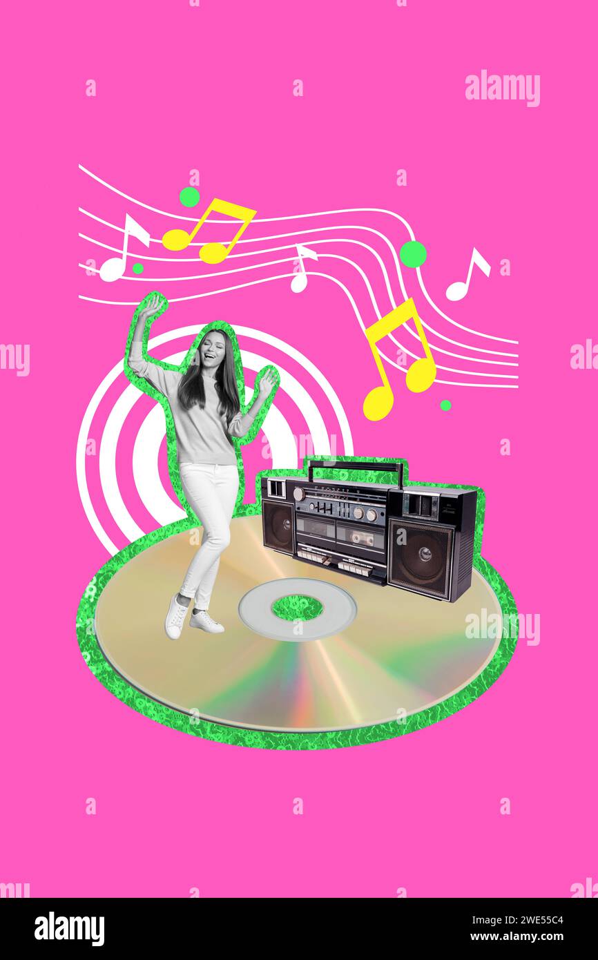 Vertical picture pop collage artwork of funky lady clubbing raised ...