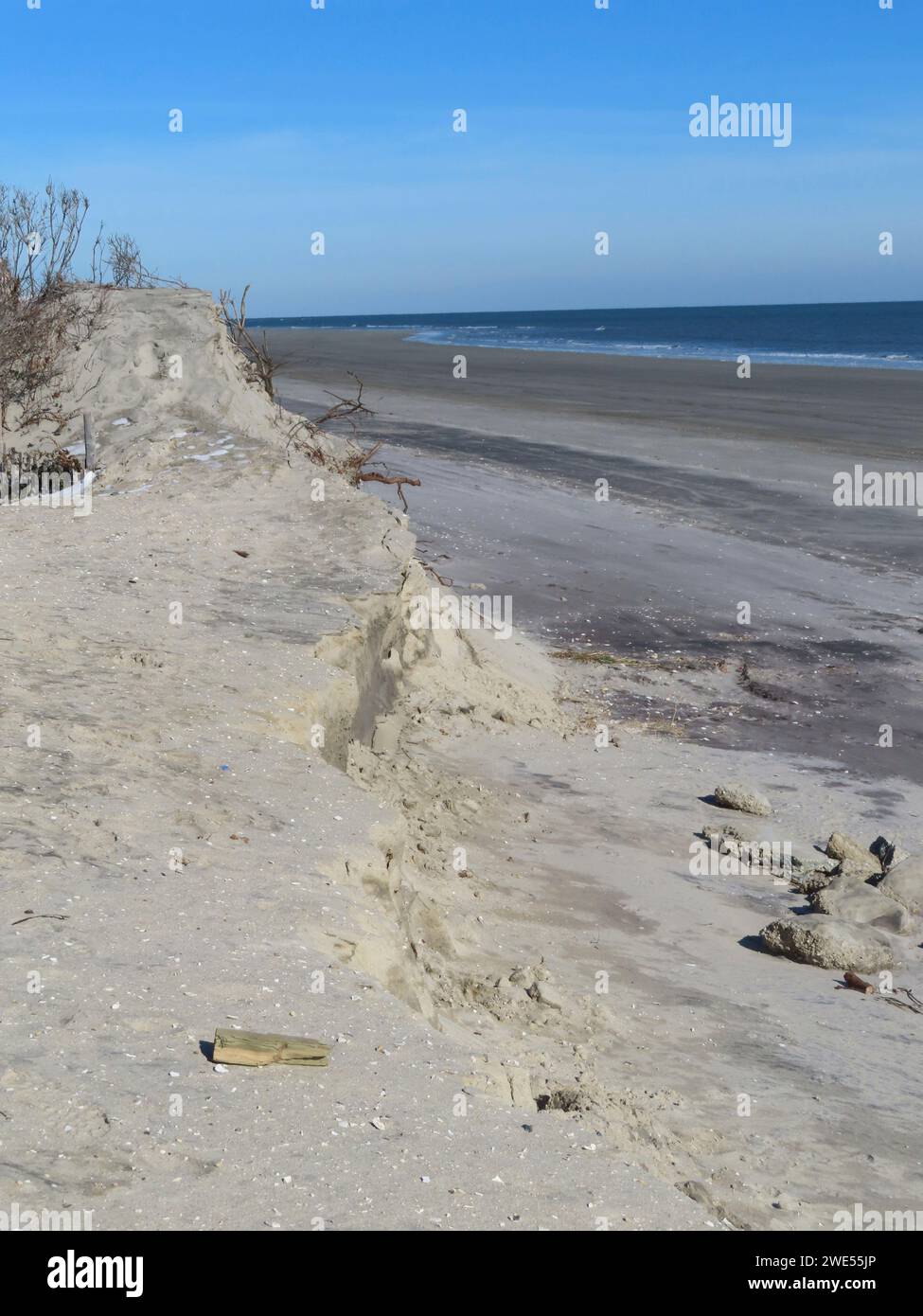 A severely eroded section of sand dune lines the beach in North ...