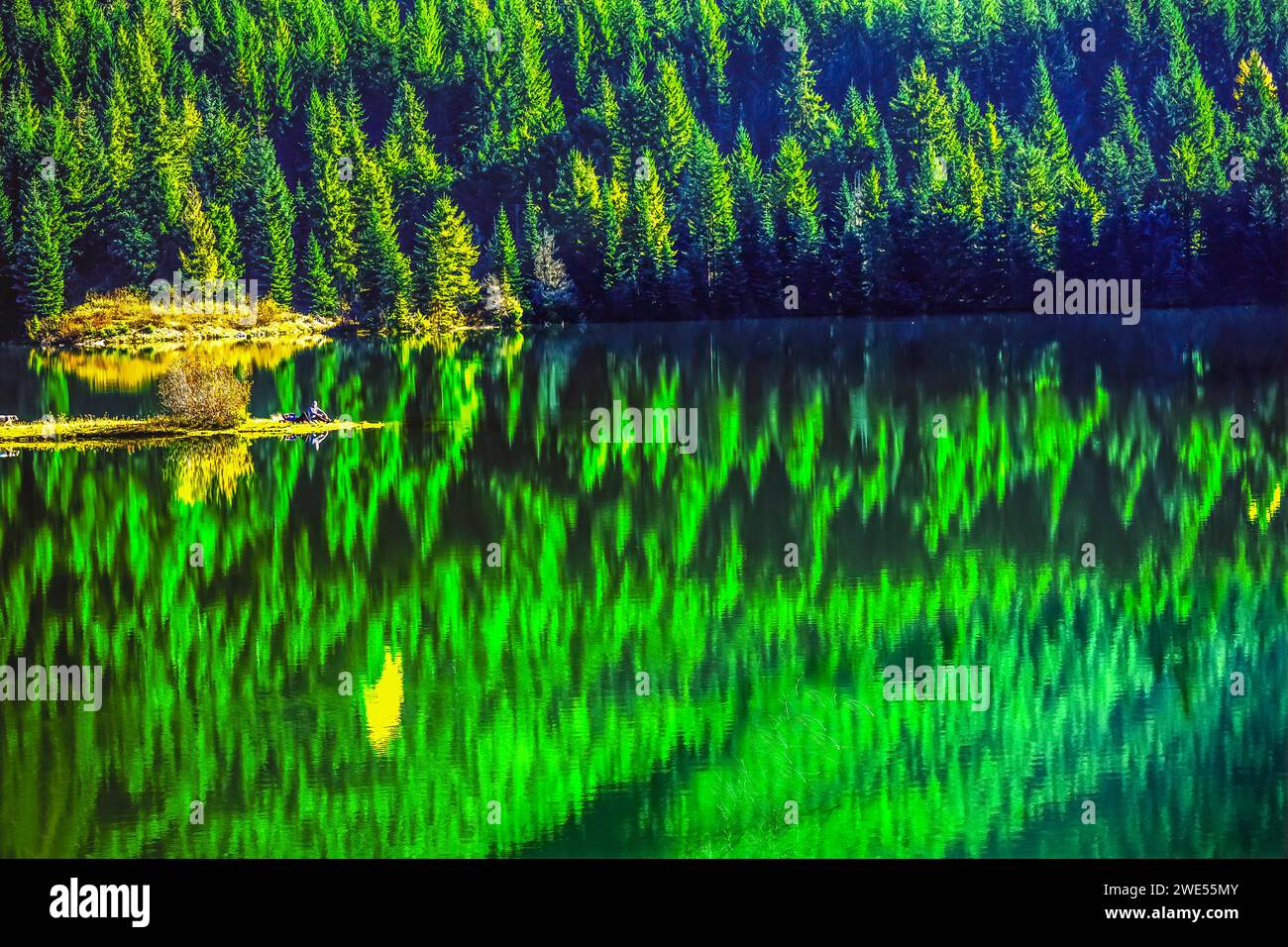 Hikers Green Yellow Autumn Water Reflection Abstract Gold Lake ...