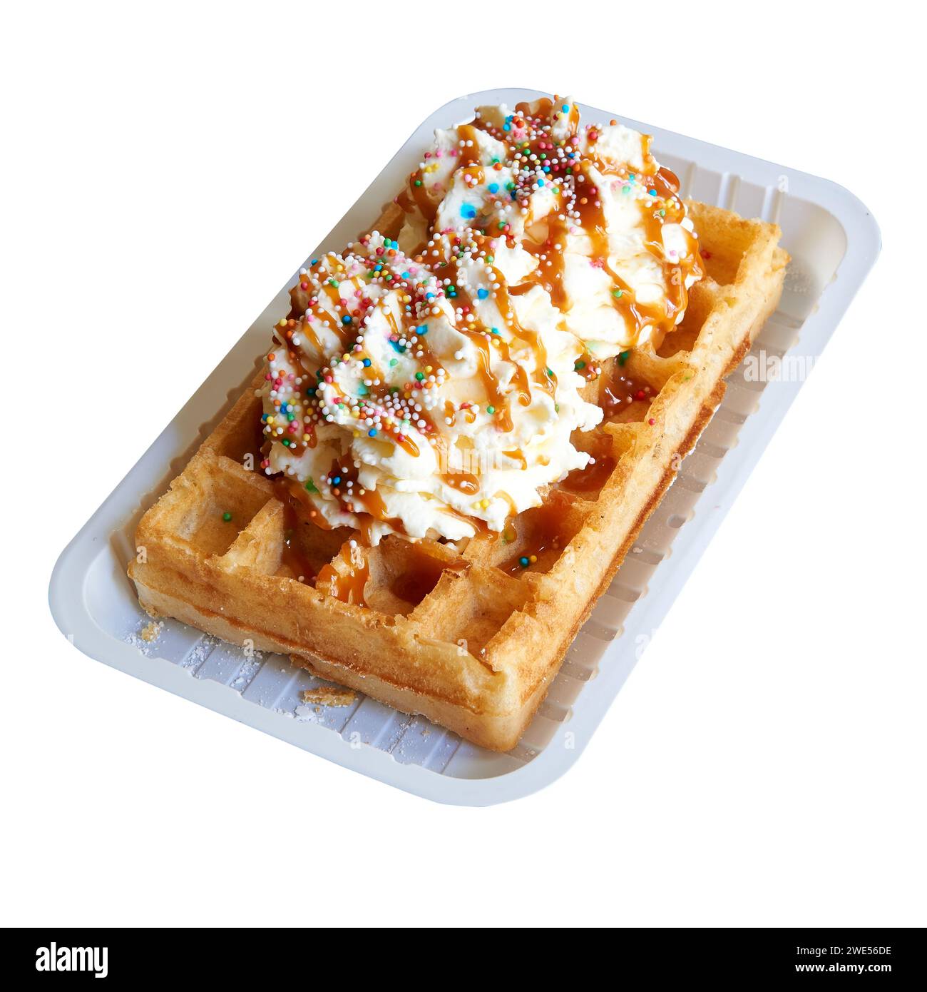 Tasty belgian waffle in packaging isolated on white background with ...