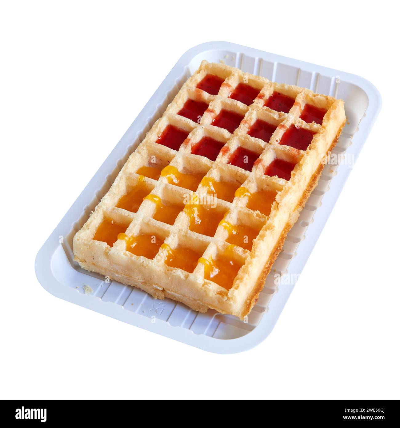 Tasty belgian waffle in packaging isolated on white background with ...