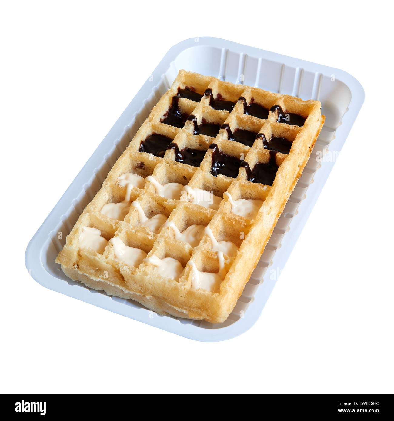 Tasty belgian waffle in packaging isolated on white background with ...
