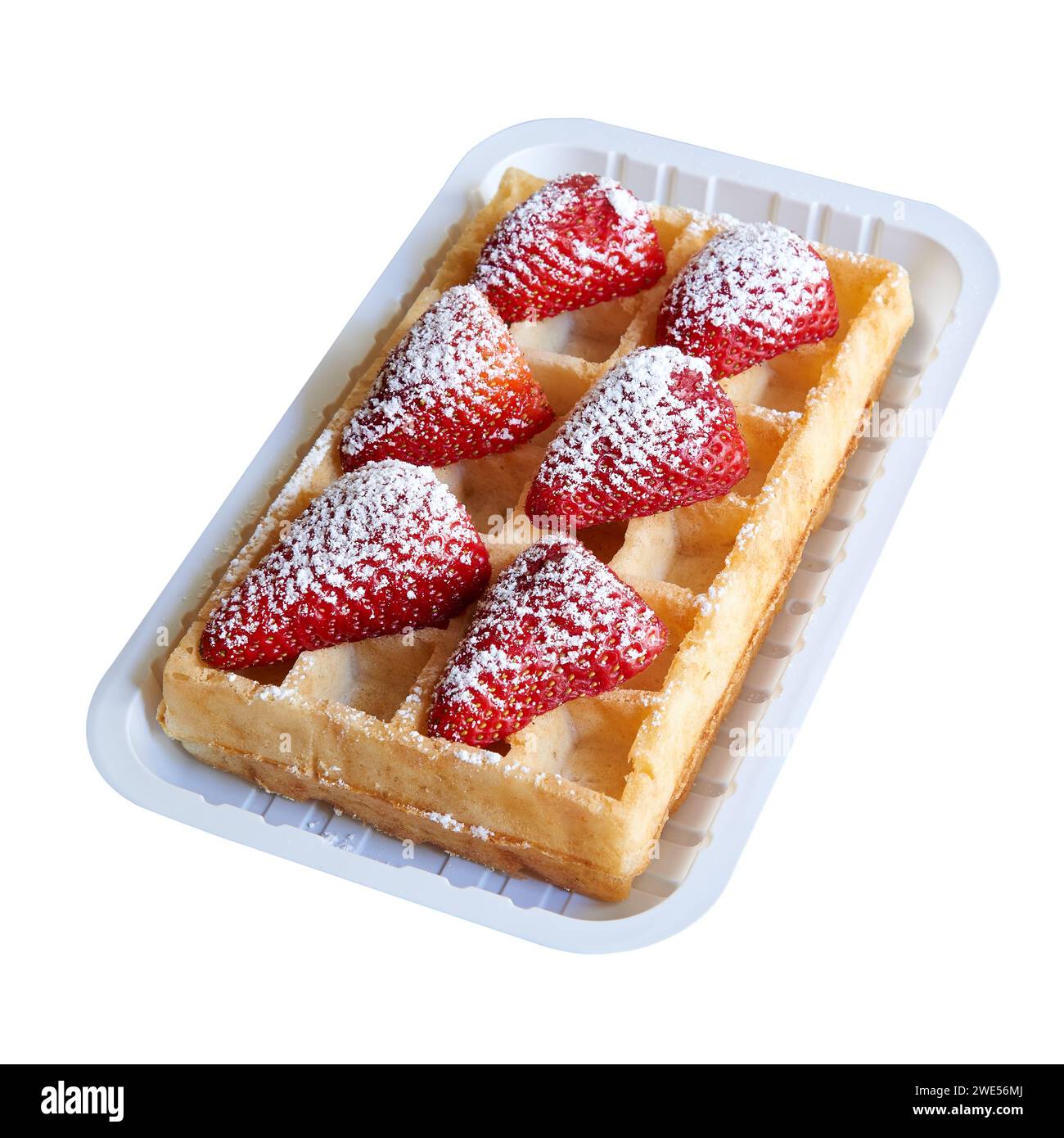 Tasty belgian waffle in packaging isolated on white background with ...