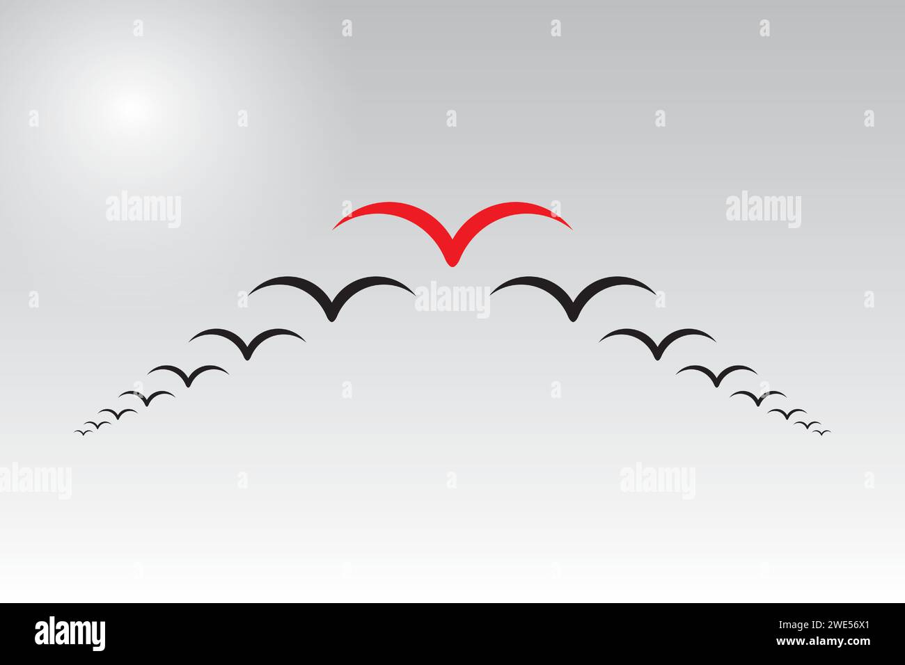 Vector illustration of bird flock: red leader stands out of black ...