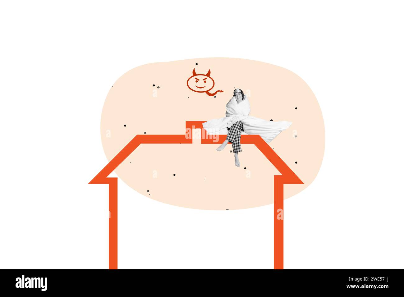 Photo banner collage of young lady sitting on huge painted house ...