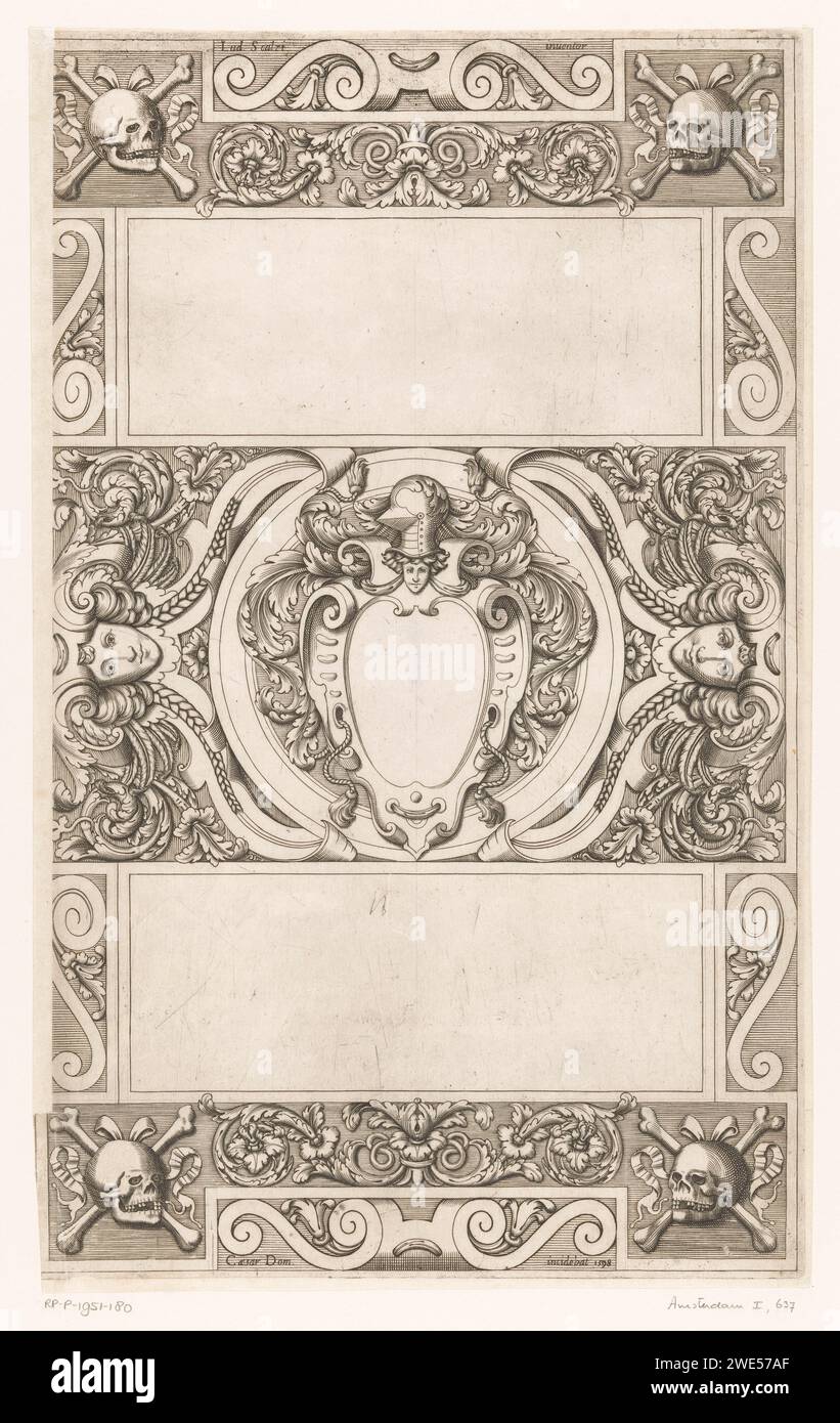 Design for ornamental grave with cartouche and four skulls, Cesare ...