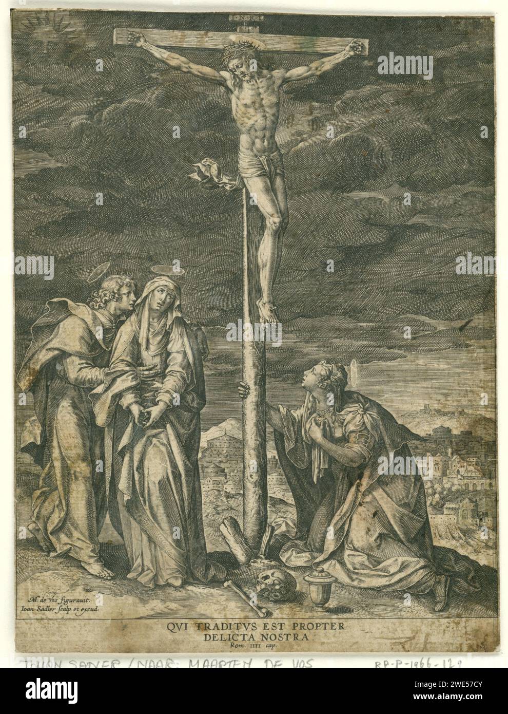 Christ on the cross, with Maria, Johannes and Maria Magdalena, Johann Sadeler (I), After Maerten ...