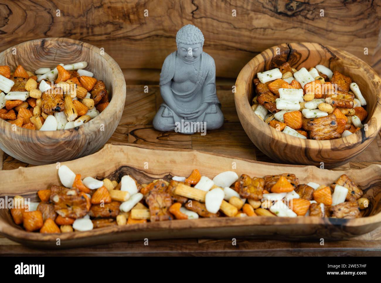 Different types of Japanese rice cakes on olive wood Stock Photo - Alamy