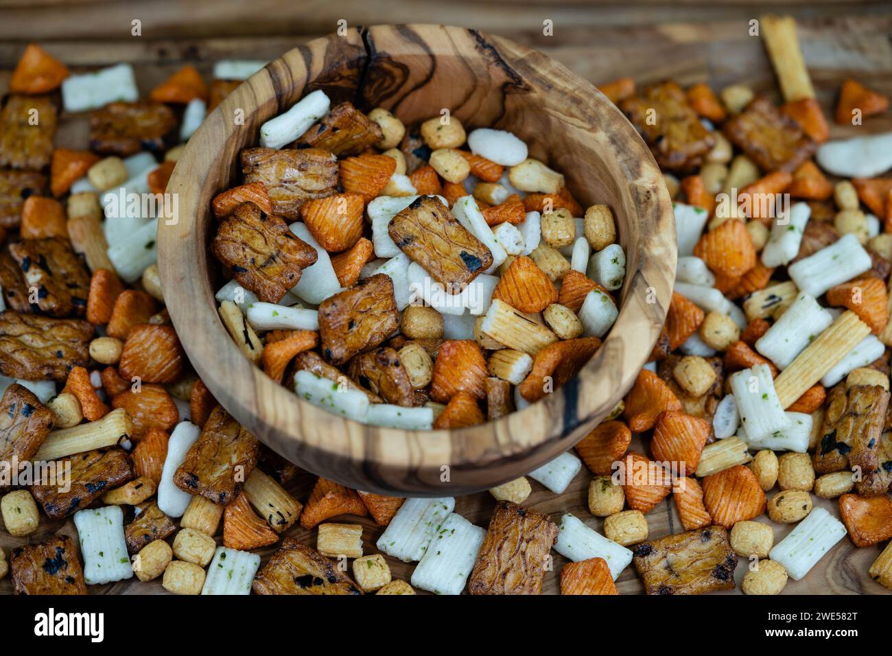 Different types of Japanese rice cakes on olive wood Stock Photo - Alamy