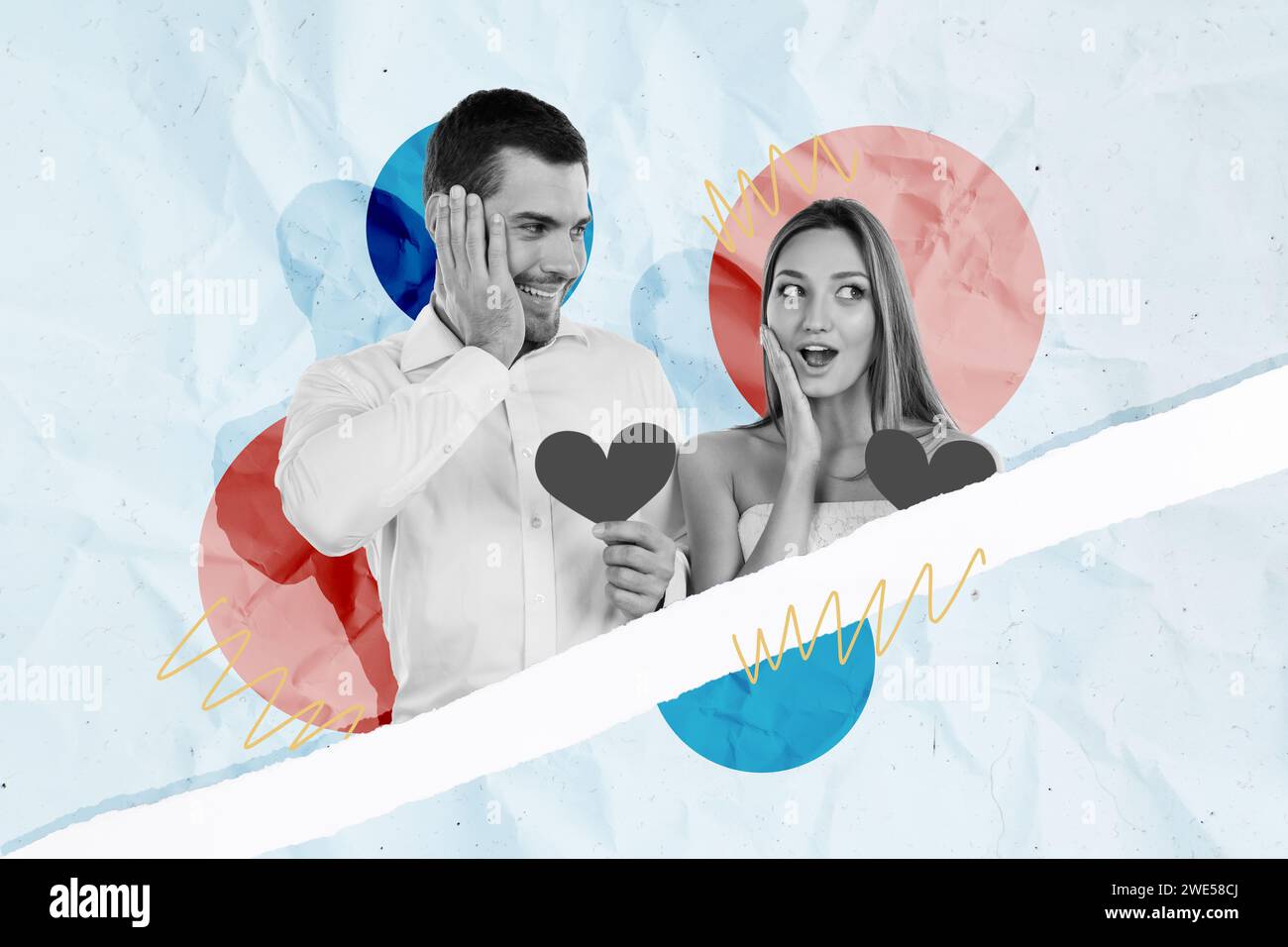 Horizontal creative photo collage of funny charming young couple hold ...