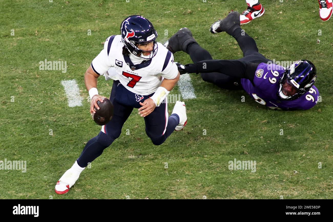 Houston Texans quarterback C.J. Stroud (7) runs during an NFL divisional round playoff football ...