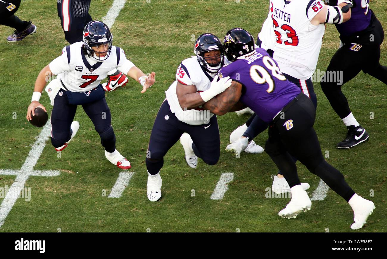 Houston Texans quarterback C.J. Stroud (7) runs during an NFL divisional round playoff football ...