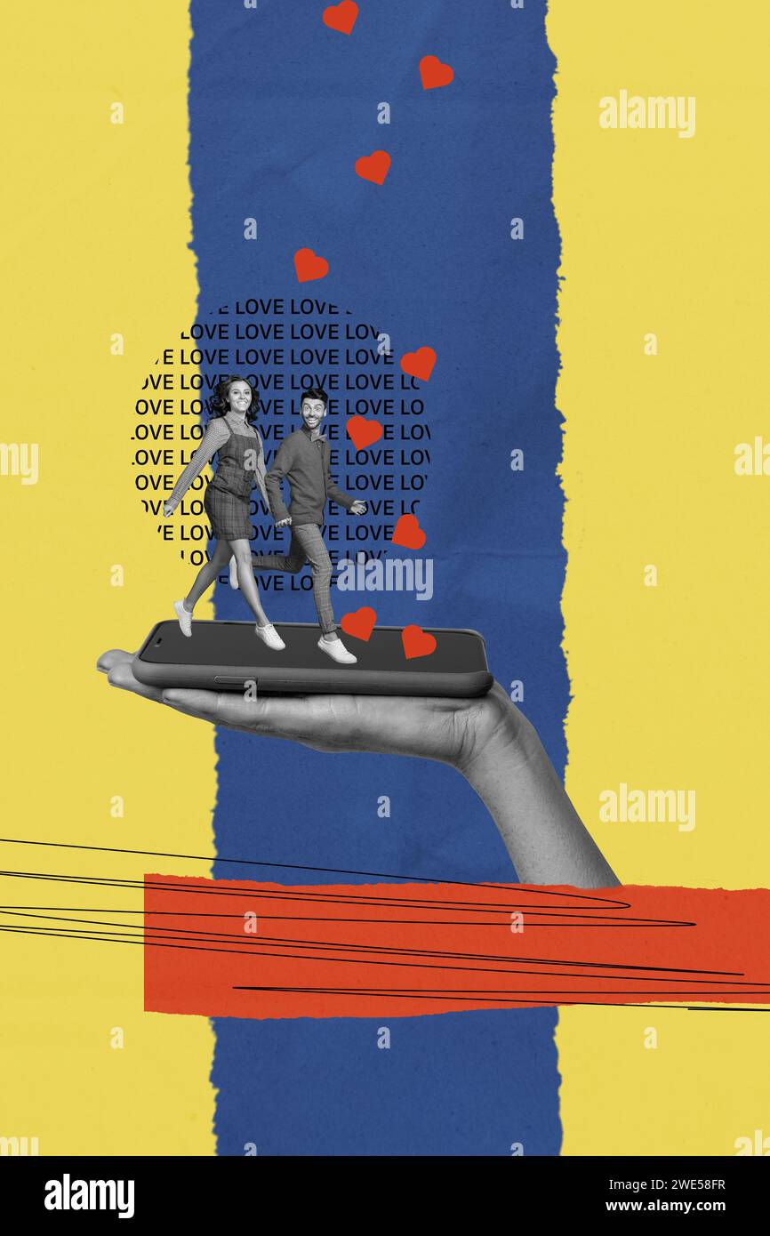 Vertical funny photo collage of happy lovers hold hands walk together ...