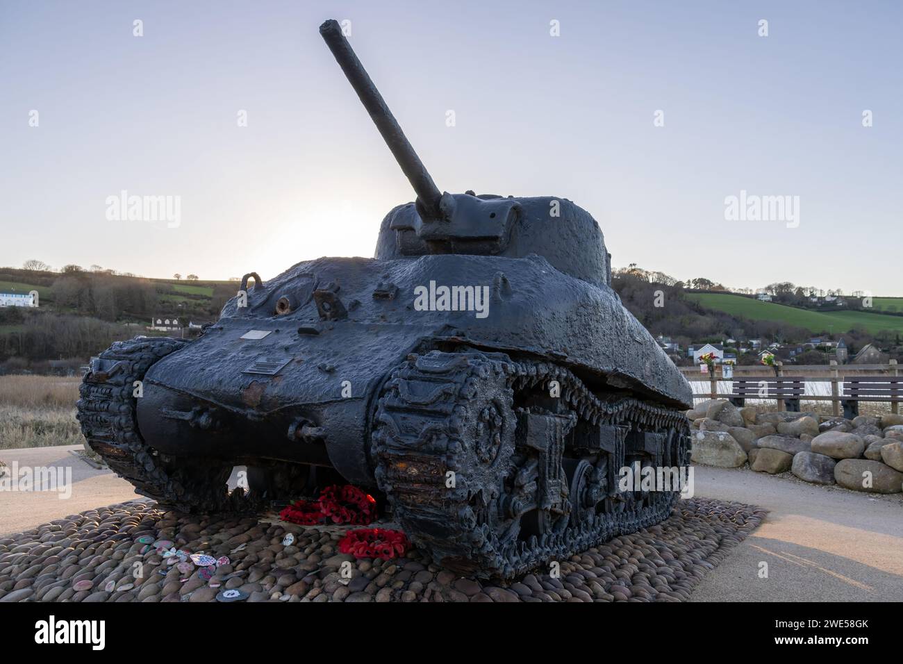 Start Bay, Devon, UK - January 15. Old Sherman tank at Start Bay, Devon ...