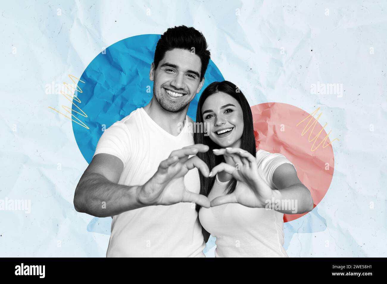 Horizontal artwork photo collage of sweet couple cuddle showing heart ...