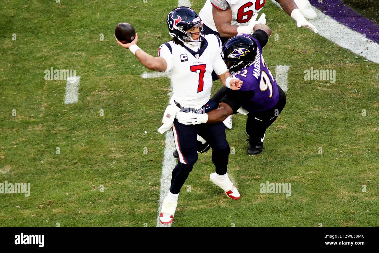 Houston Texans quarterback C.J. Stroud (7) throws during an NFL divisional round playoff ...