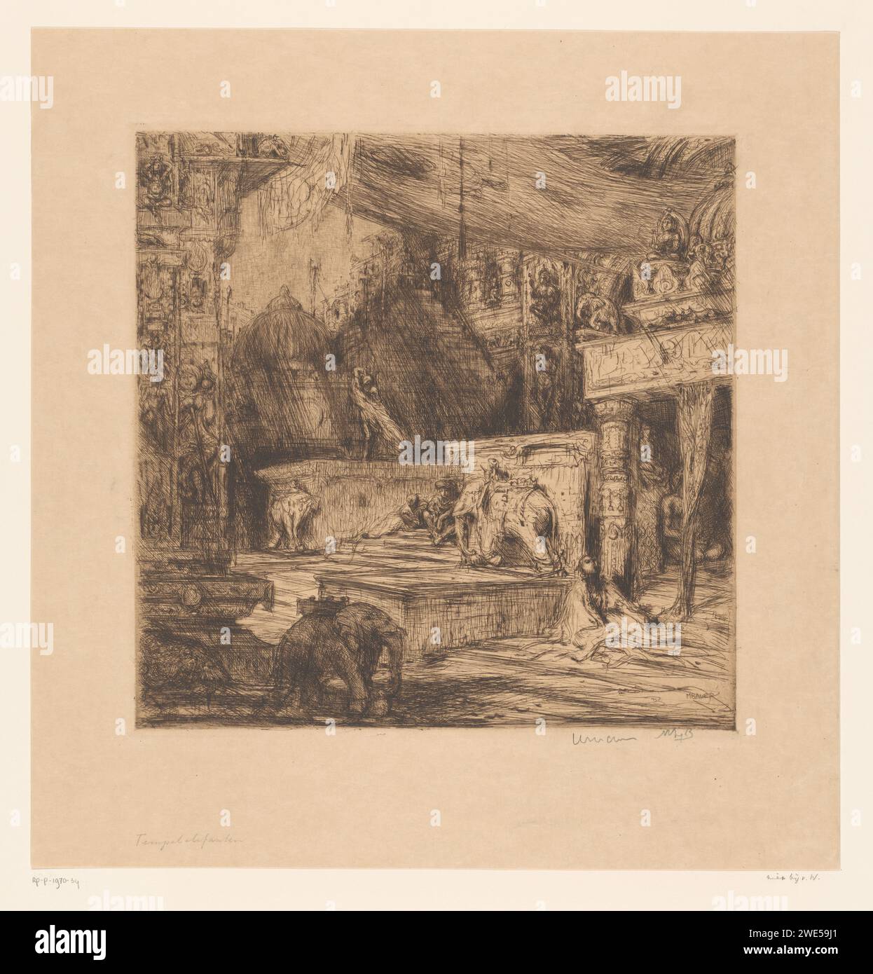 Elephants and figures at a temple, Marius Bauer, c. 1877 - c. 1932 ...