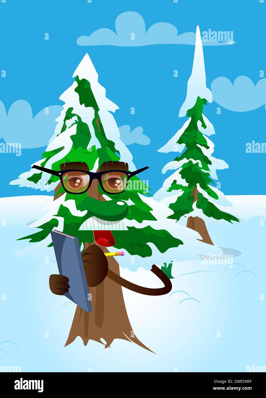 Cartoon winter pine trees with faces writing on a books cover. Cute ...