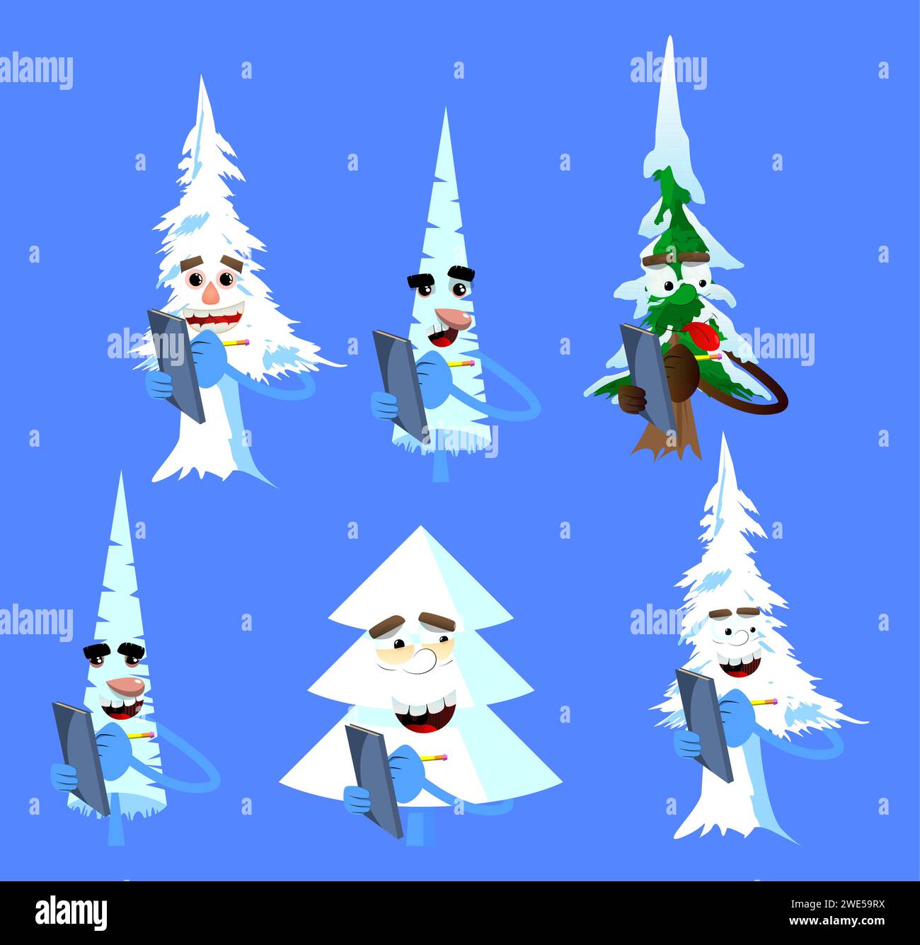 Cartoon winter pine trees with faces writing on a books cover. Cute ...