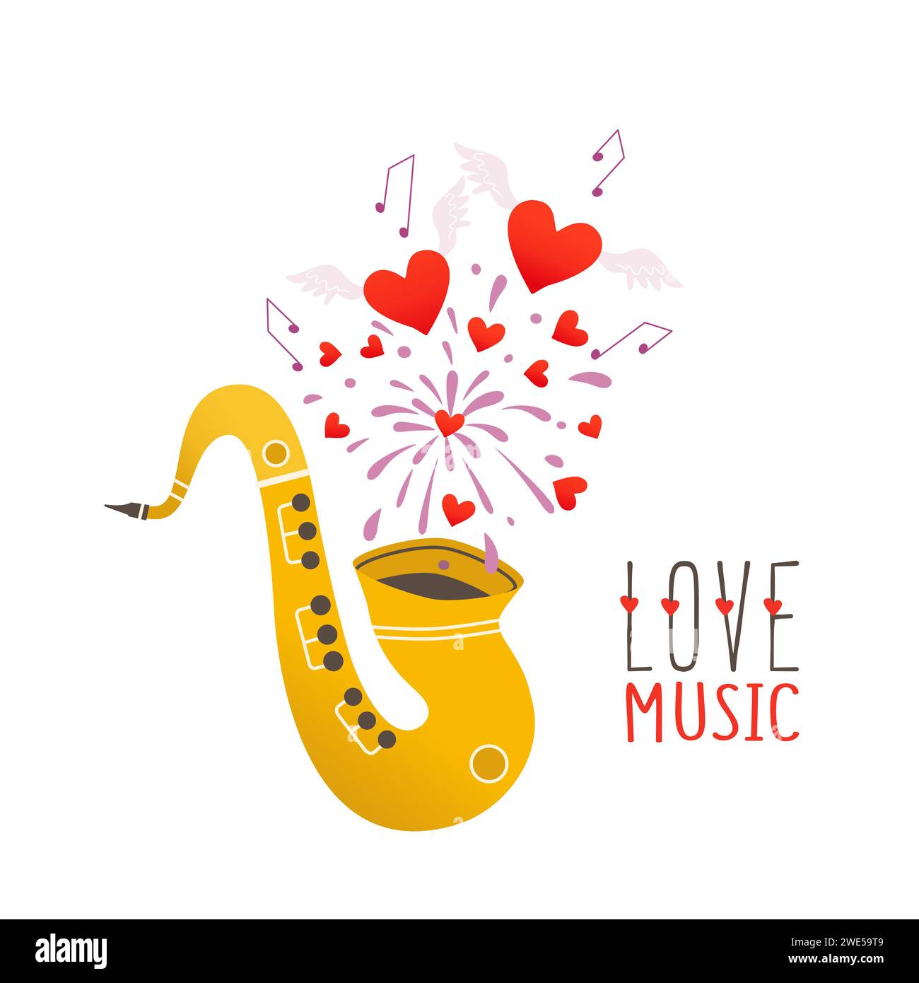 Saxophone Love Music cute hand drawn vector poster. Sax shooting out ...