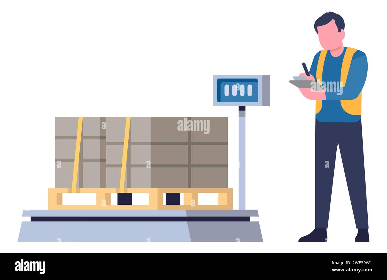 Logistics cargo. Warehouse worker weighs cardboard boxes. Shipping and ...