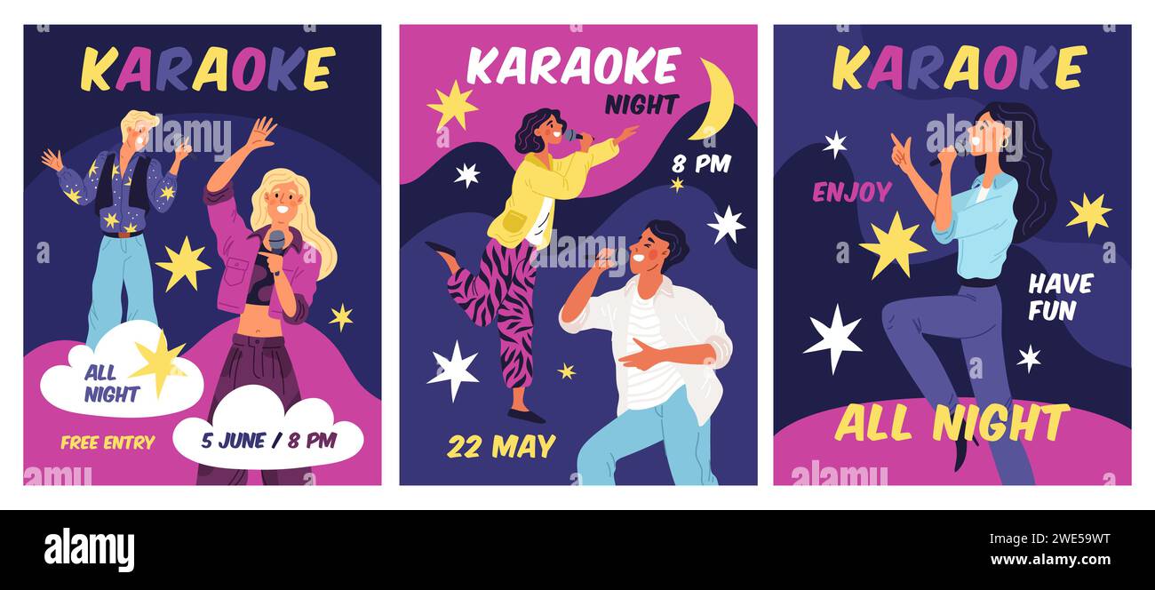 Karaoke club visitors cards. Happy friends have fun at music bar ...