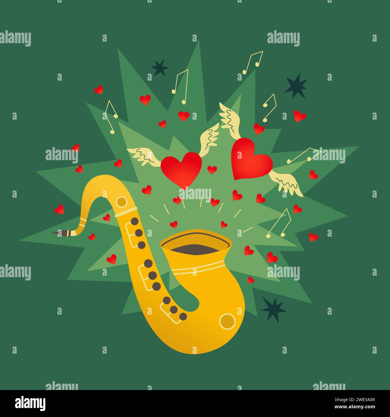Saxophone Love Music Melody cute hand drawn vector poster. Sax burst ...