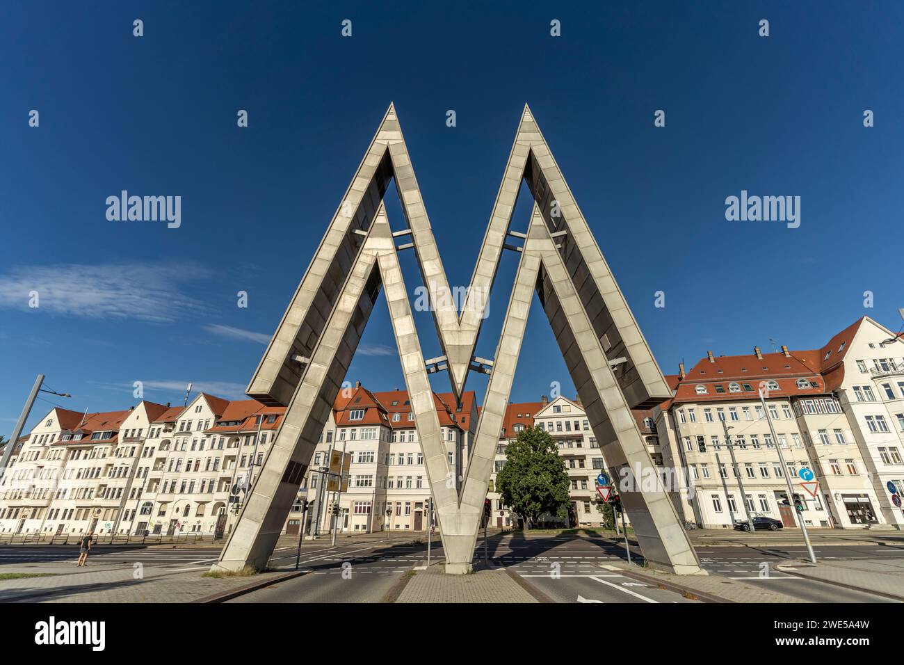 The giant double M logo of the Leipzig Trade Fair at the east gate of ...