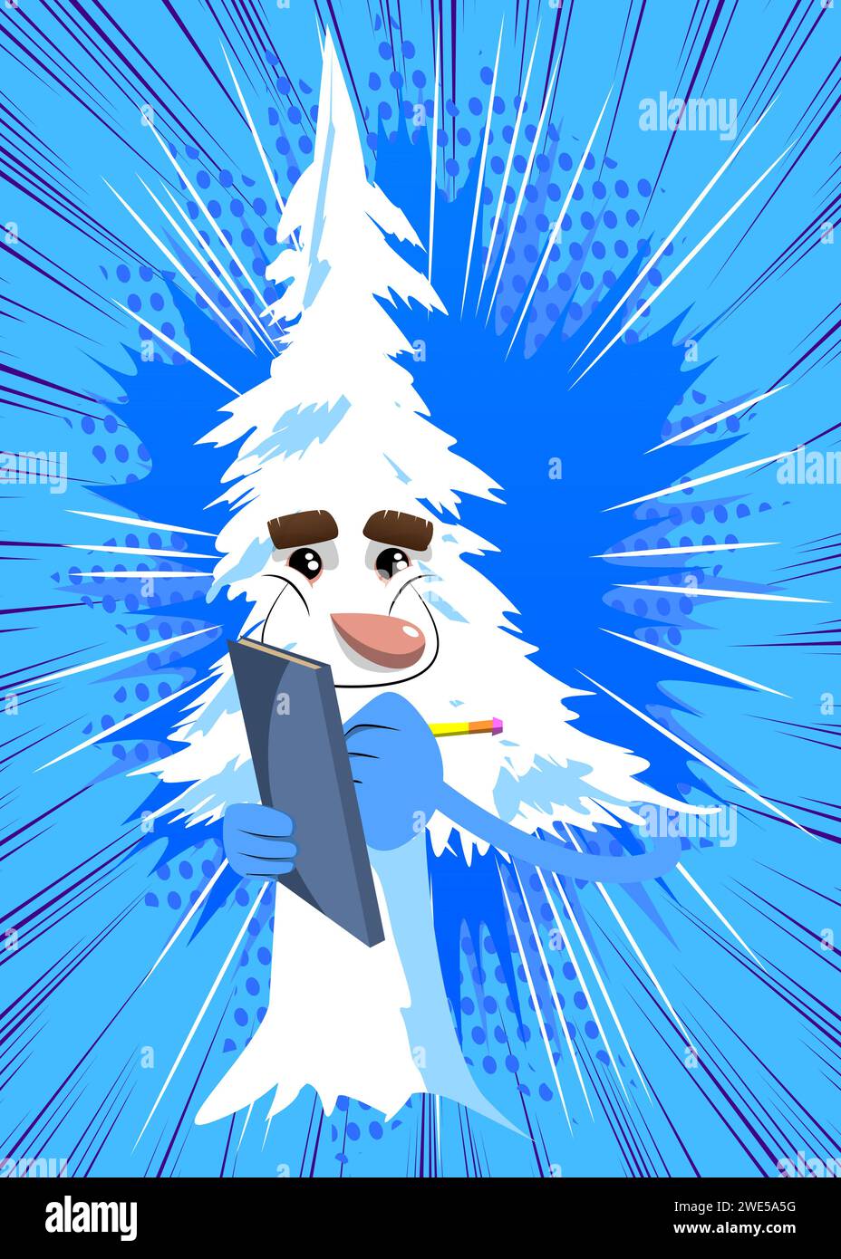 Cartoon winter pine trees with faces writing on a books cover. Cute ...