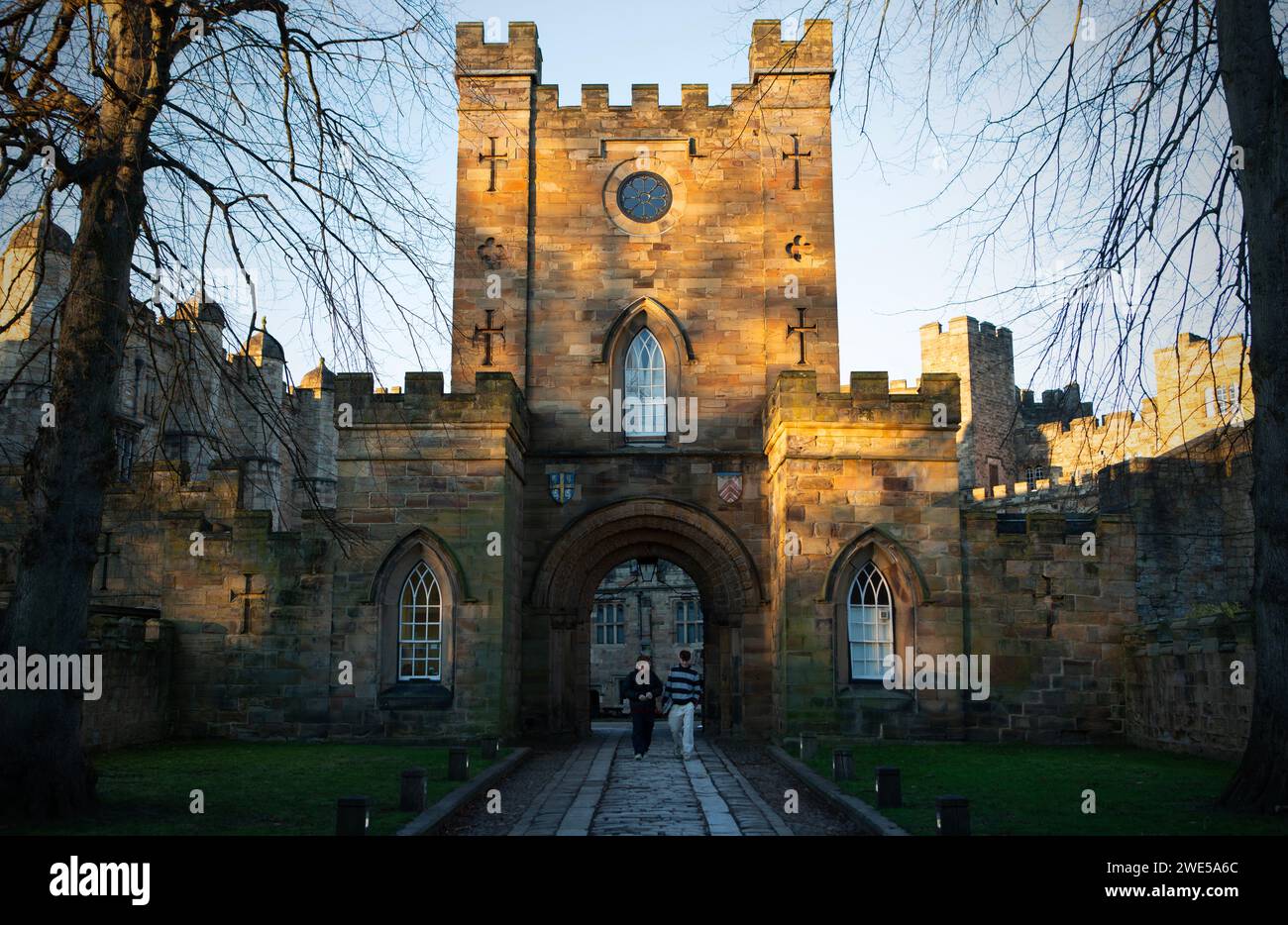 Students walk through the entrance to Durham Castle in County Durham ...