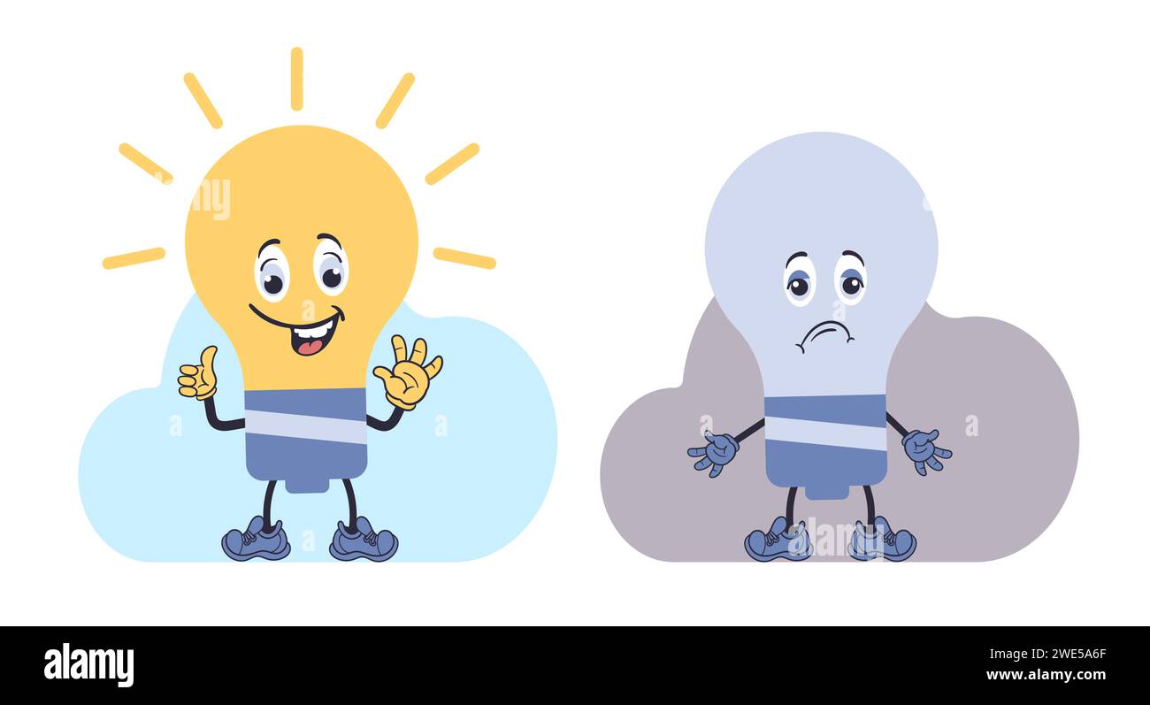 Funny and sad light bulb. Idea and brainstorming symbol. Creative ...