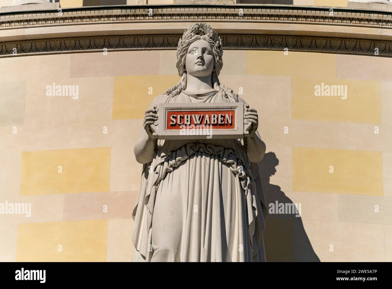 Statue of Swabians on the facade of the Liberation Hall in Kelheim ...