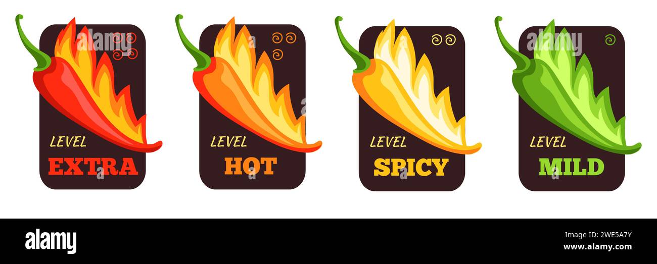Hot sauces labels. Spicy taste graduation, ketchup with different types ...