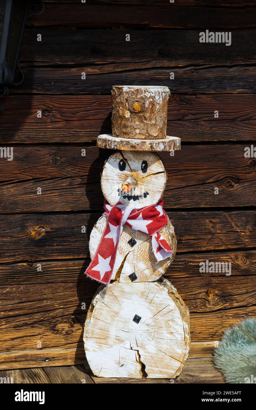 Wooden snowman, ski hut, winter, Seceda, Val Gardena, Dolomites, South ...