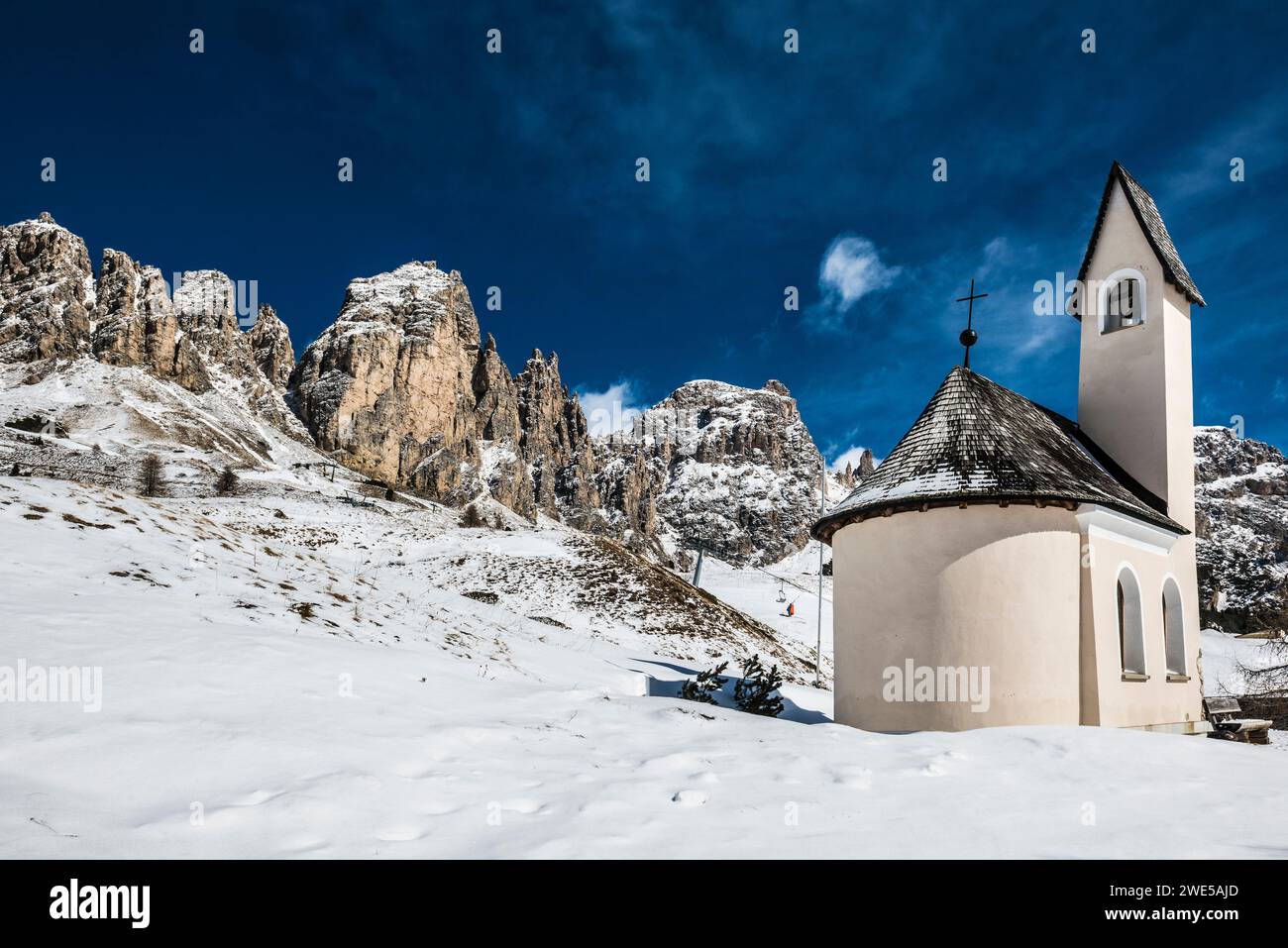 Snow-covered mountains and chapel, winter, Val Gardena, Val Gardena ...
